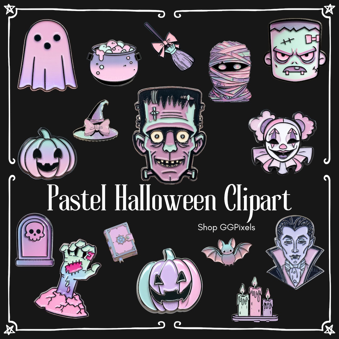 Pastel Goth Halloween Clipart Bundle: Kawaii Enamel Pin Icons (PNG ...