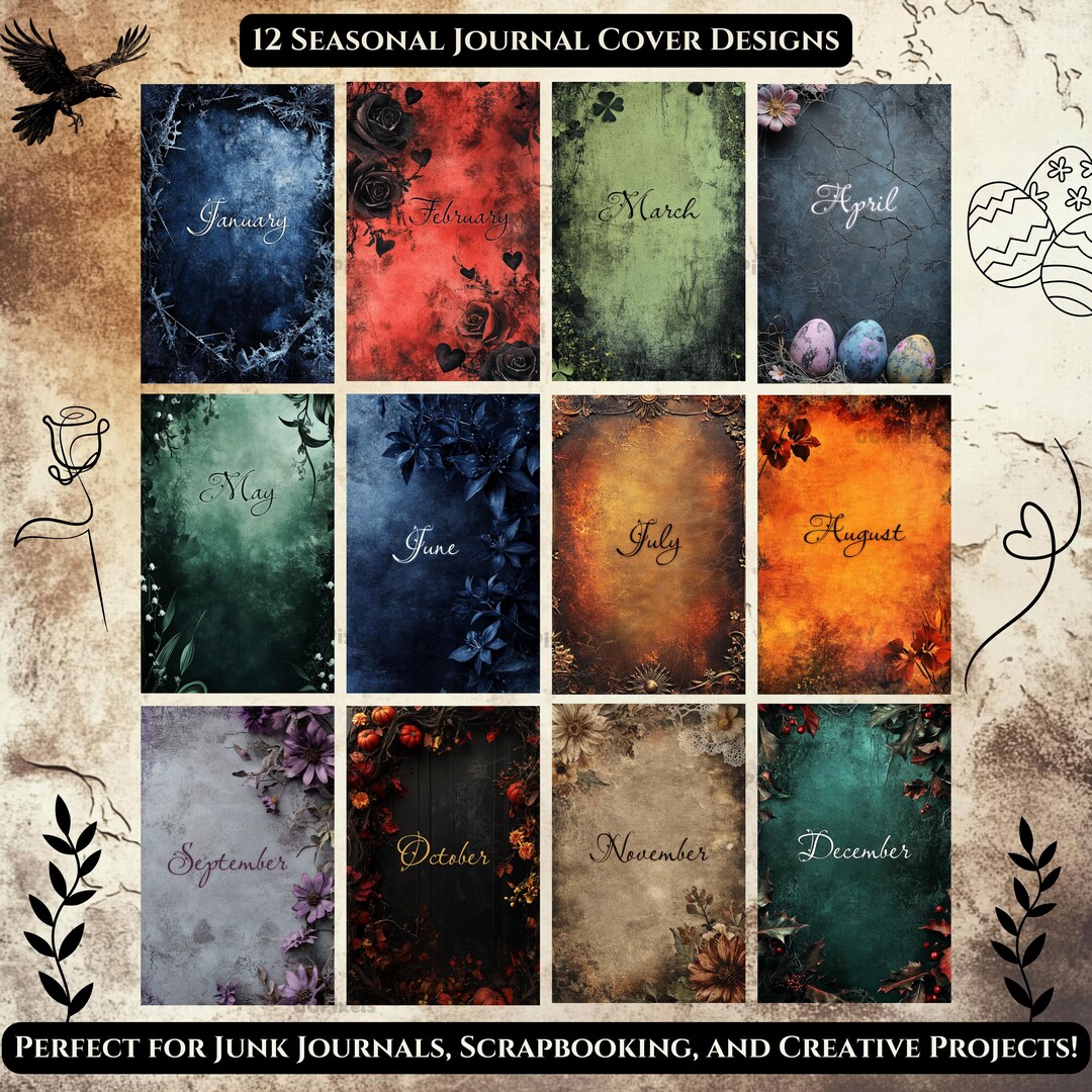 Monthly Journal Covers Set: A4/A5 Gothic Planner, Scrapbook PNG Bundle ...
