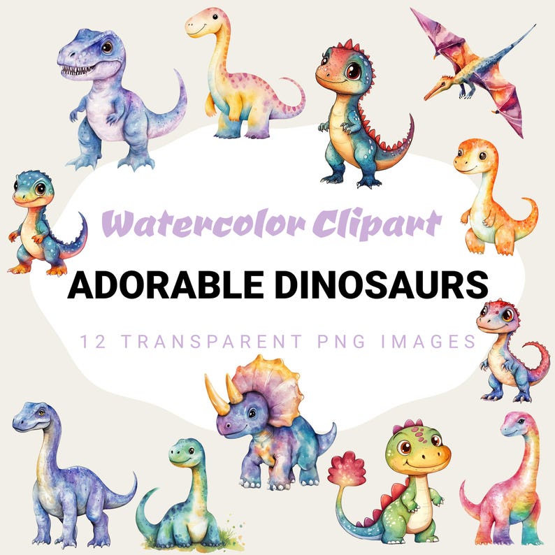 Printable Watercolor Dinosaur Clip Art Bundle 12 Adorable Dinosaur PNG ...