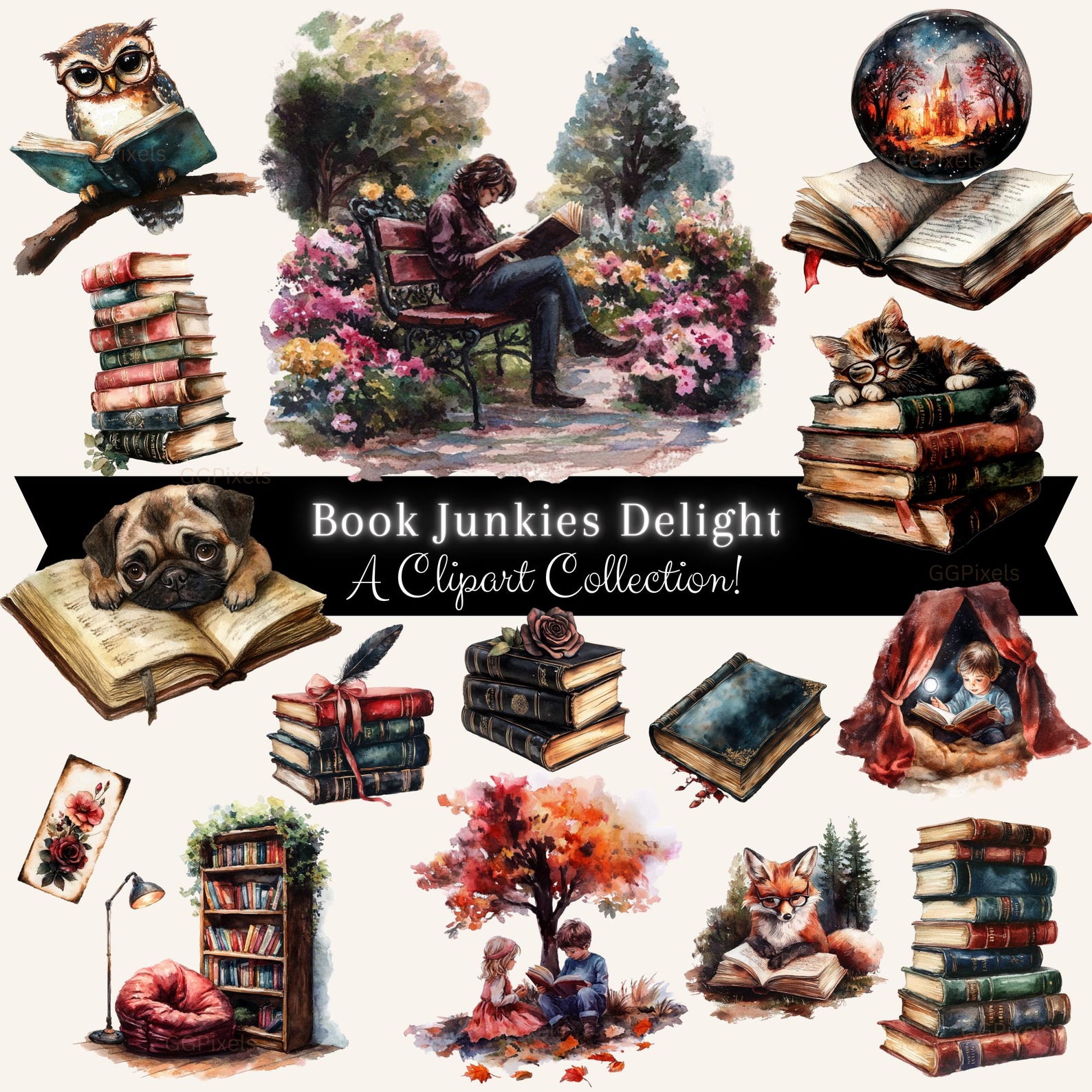 Book Lovers Clipart Bundle Watercolor PNG Transparent Bookish Aesthetic ...