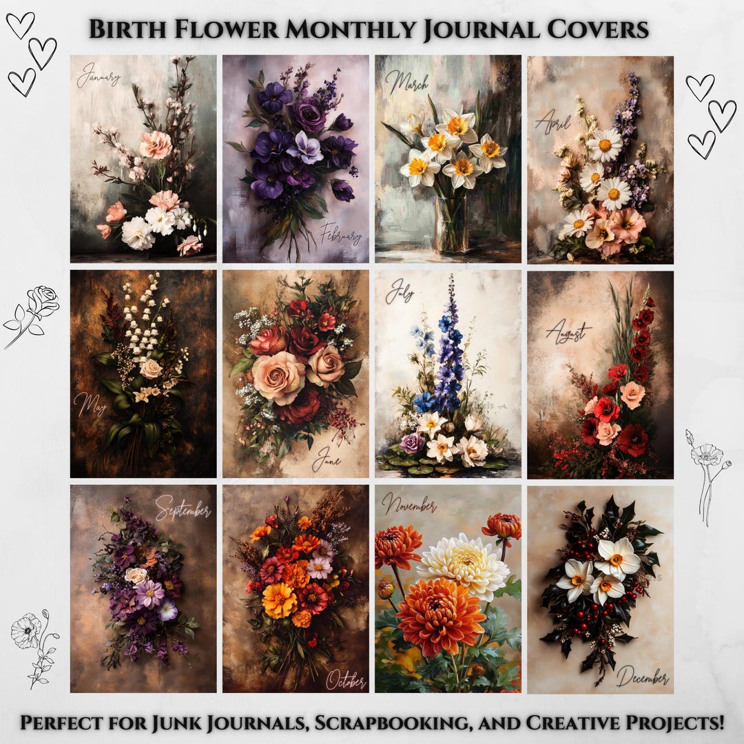 Printable Journal Cover PNG Bundle, Birth Month Flower Designs, Birth ...