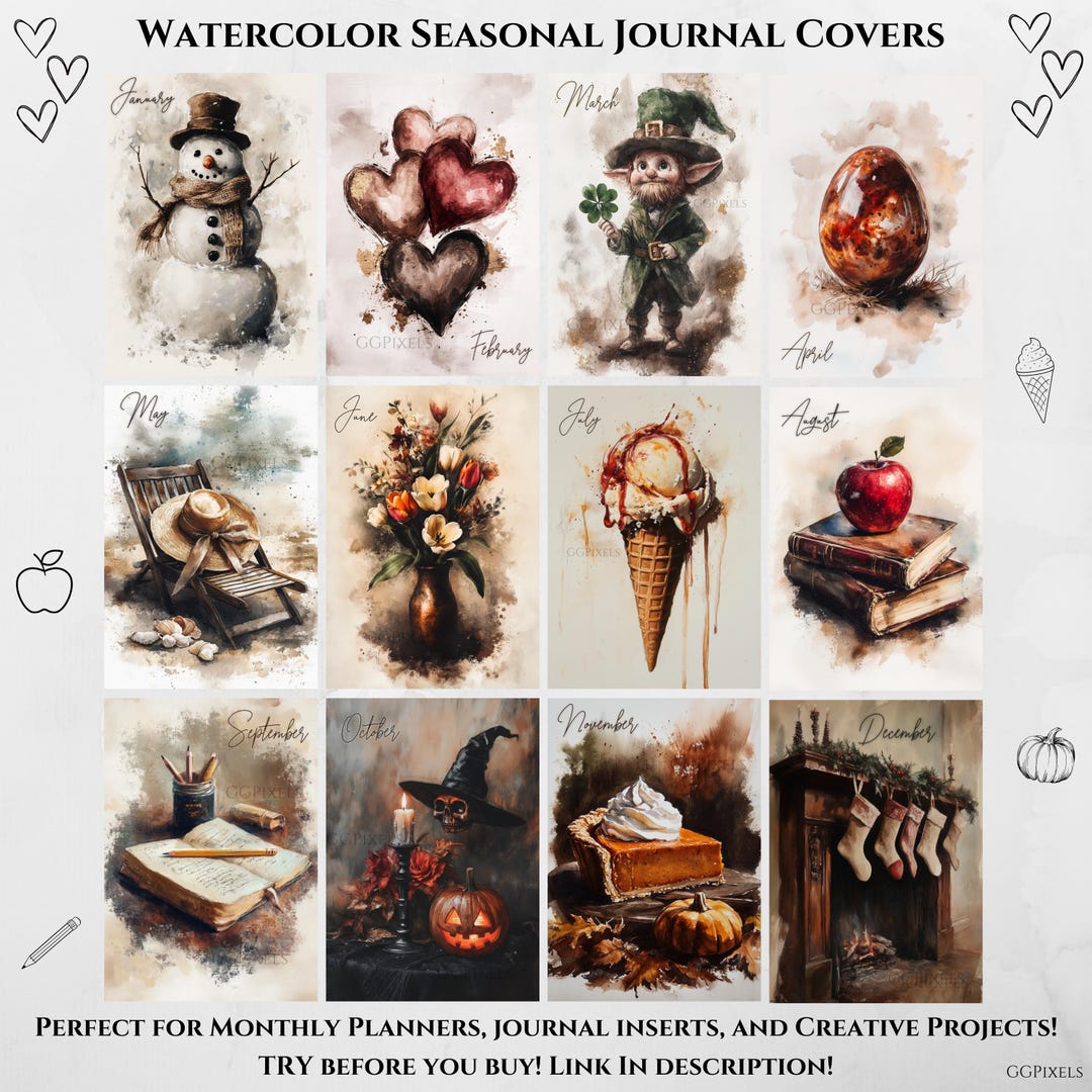 Seasonal PNG Designs Bundle Watercolor Monthly Journal Covers A4 A5 ...