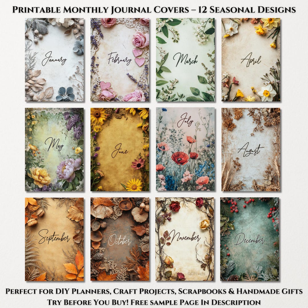 Boho Cottagecore Monthly Journal Covers Set: A5 Floral Planner Pages ...