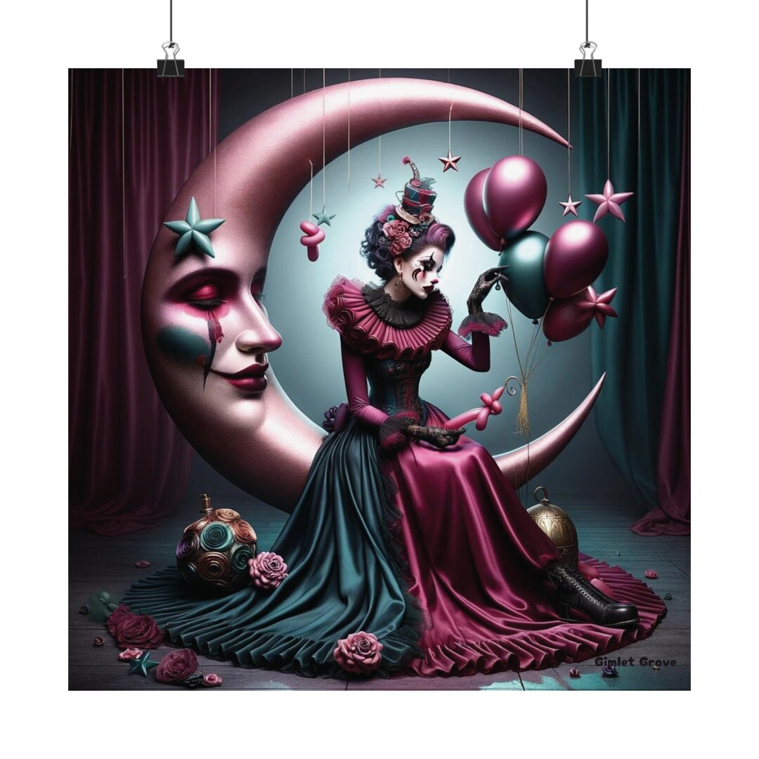 Melancholy Clown Lady Poster Tiny Hat & Balloons Crescent Moon Face ...