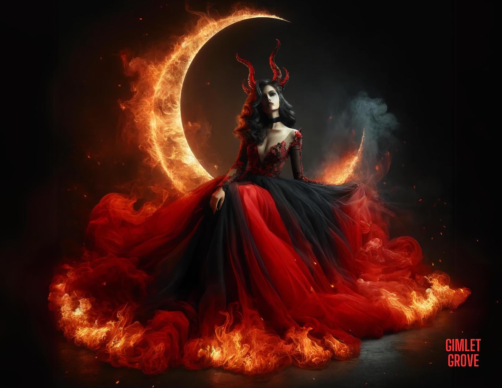 Gothic Fiery Crescent Moon Postcard: Dark Fantasy Red Black Demon Art ...