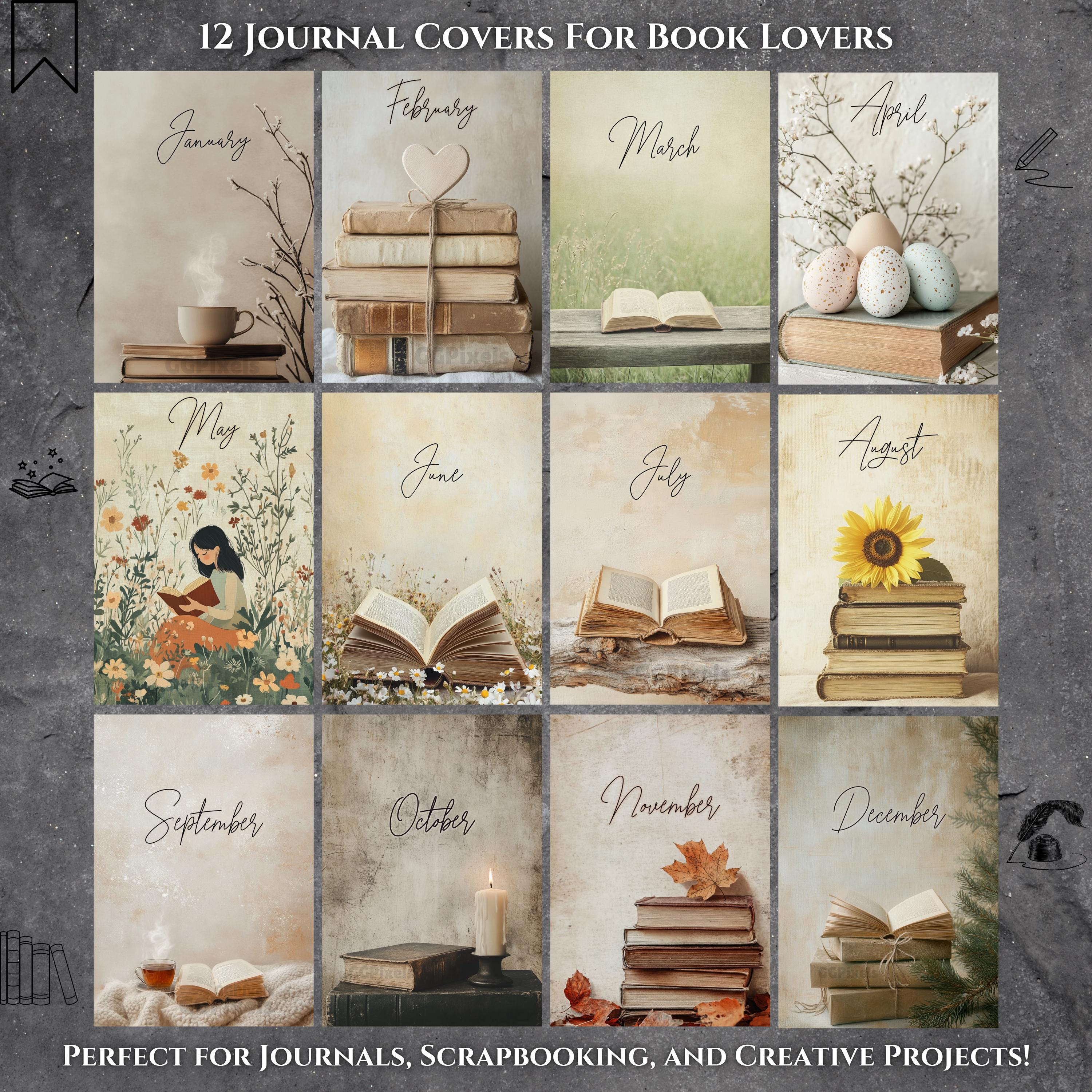 Printable Journal Cover PNG Bundle, Seasonal PNG Designs, Book Lover ...