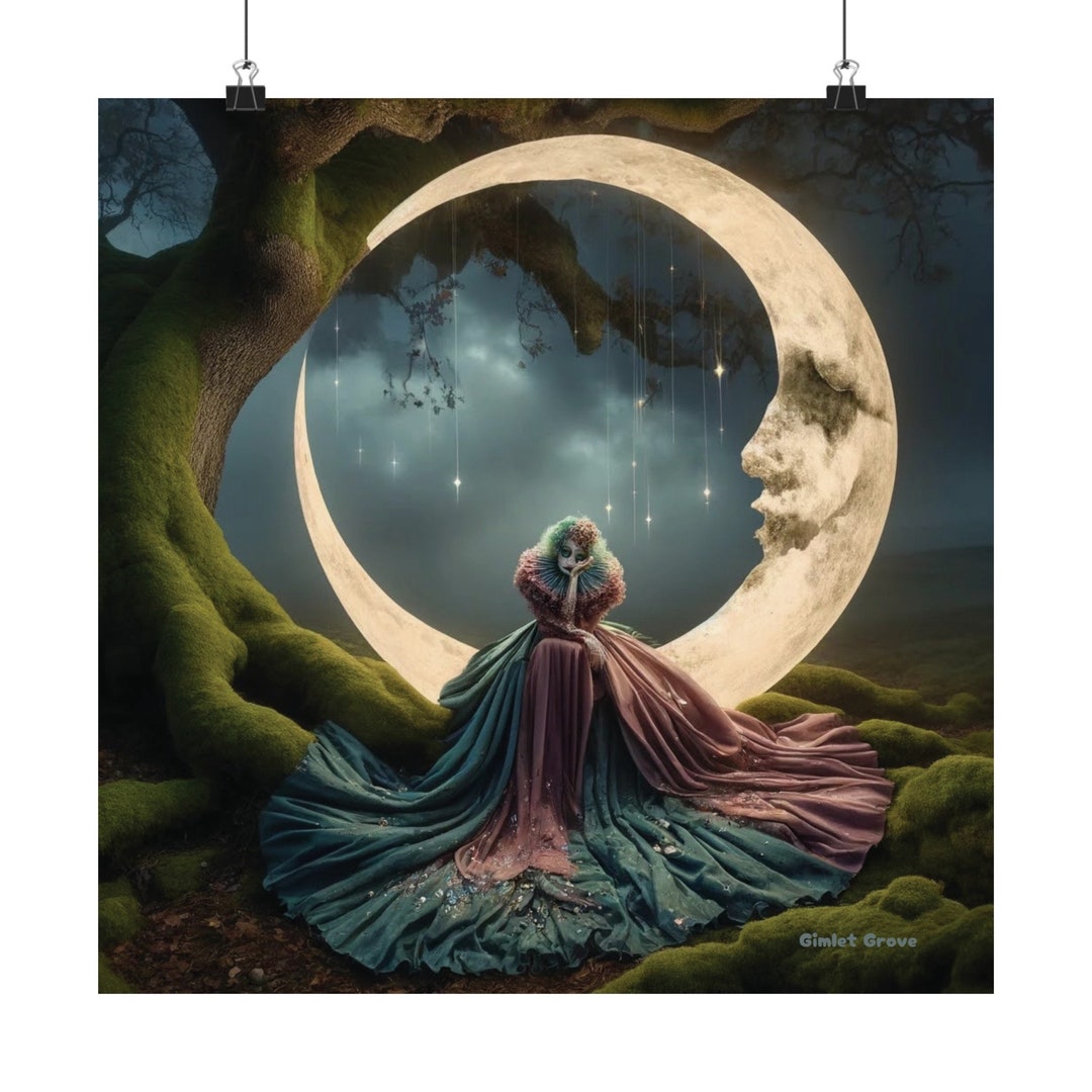 Sad Clown Poster Mauve & Teal Gown Mossy Tree Crescent Moon Abstract ...