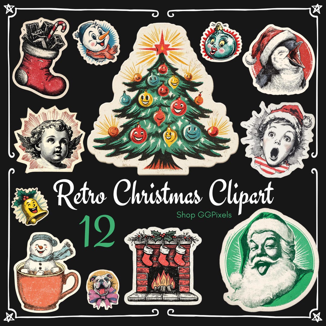 Retro Christmas Clipart Bundle: 12 Vintage Style Holiday Sticker ...