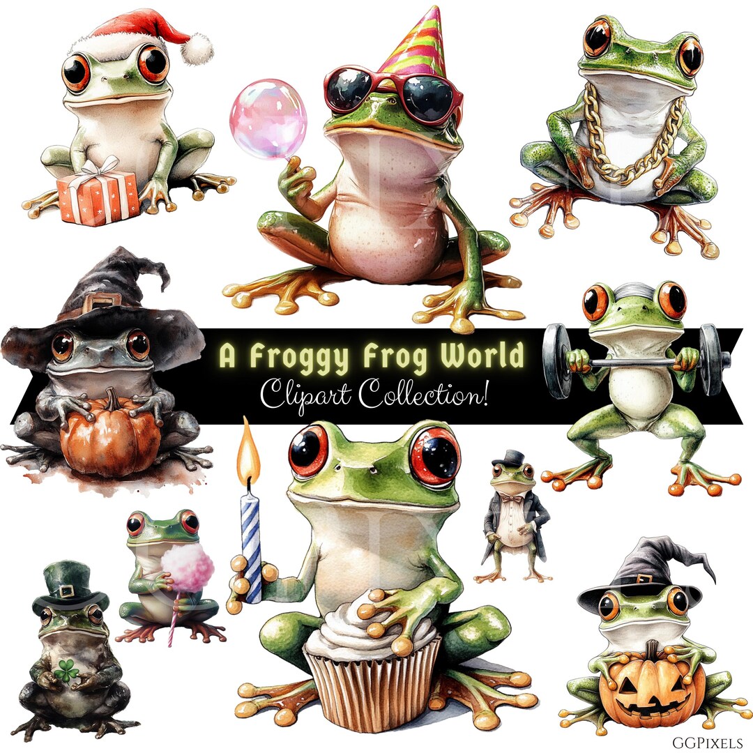 Festive Frog Clipart Bundle, Cute Watercolor Frogs Gift for Frog Lovers ...