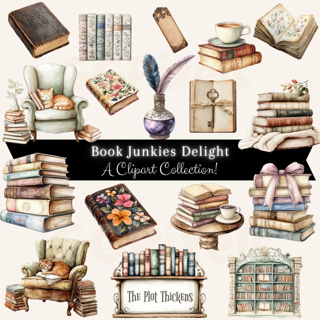 Watercolor Book Clipart Bundle: Retro Bookshop Decor, Bookish Library ...