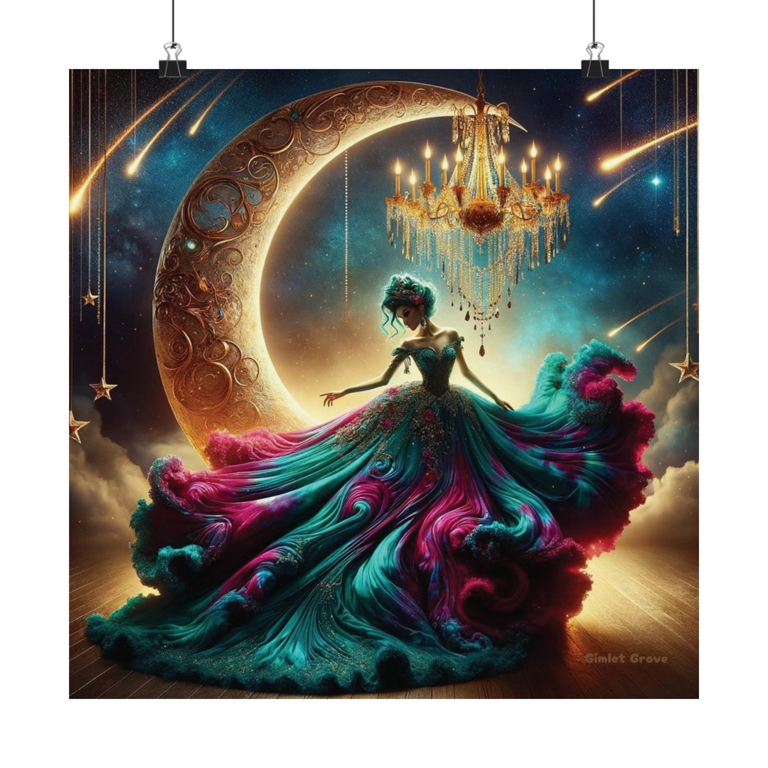 Ethereal Ball Gown Poster Magenta & Teal Gown Under Crescent Moon ...