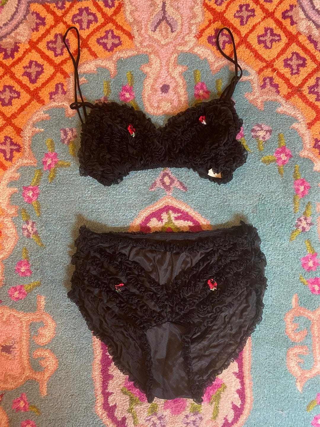 Vintage 1960s Lingerie Set Bra and Panties S/m Black Nylon Ruffles ...