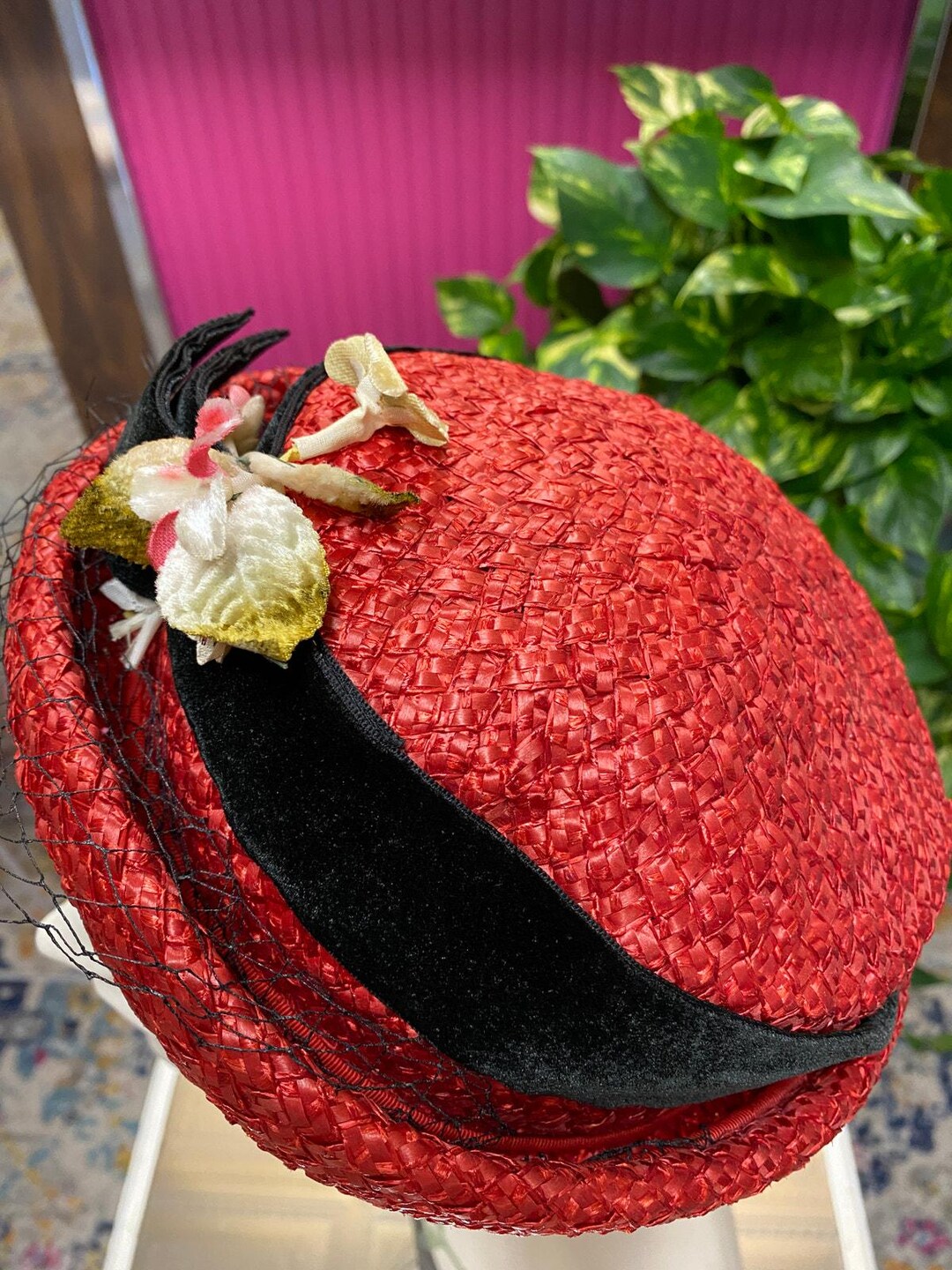 1950s Red Straw Hat With Flowers, Breton Boater, Velvet Flowers Ribbon ...