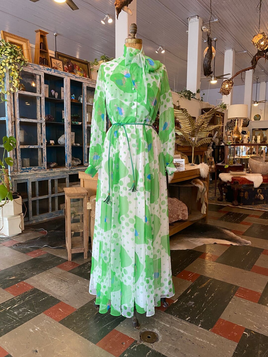 RESERVED 1970s Maxi Dress, Green and White Polka Dot, Sheer Chiffon ...