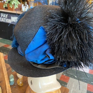 Edwardian Feather Hat, Teal and Black, Early 1900s Millinery, Wide Brim ...