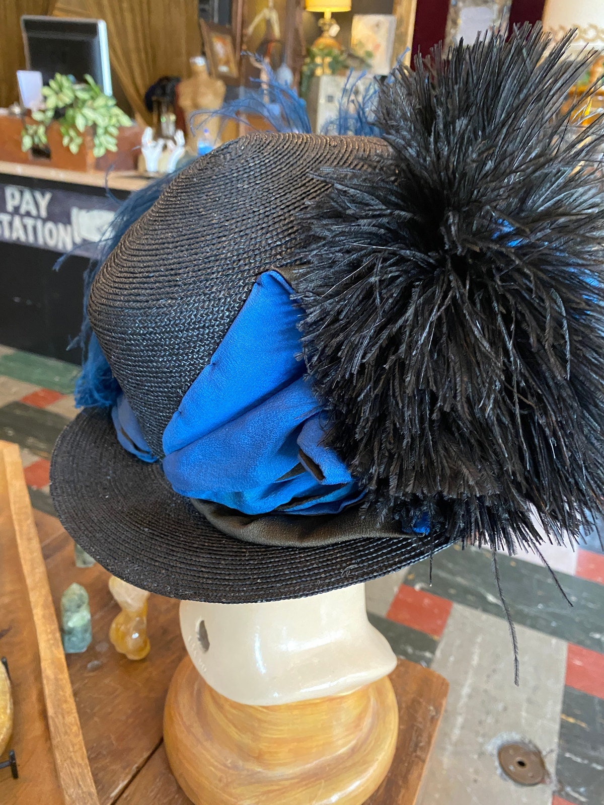 Edwardian Feather Hat, Teal and Black, Early 1900s Millinery, Wide Brim ...