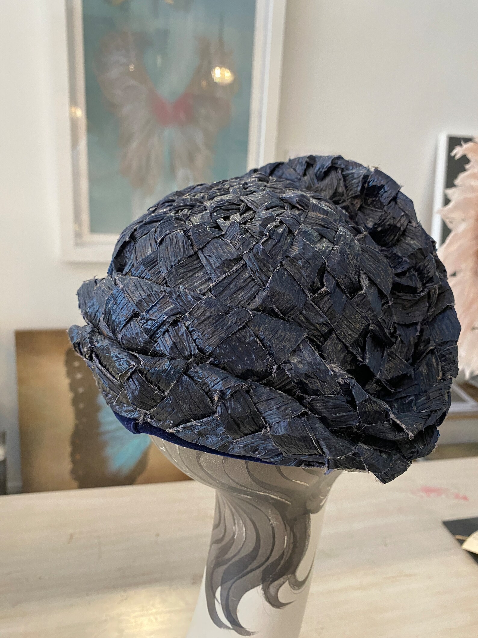 1950s Hat, Navy Blue, 50s Straw Hat, Vintage Millinery, Velvet and ...