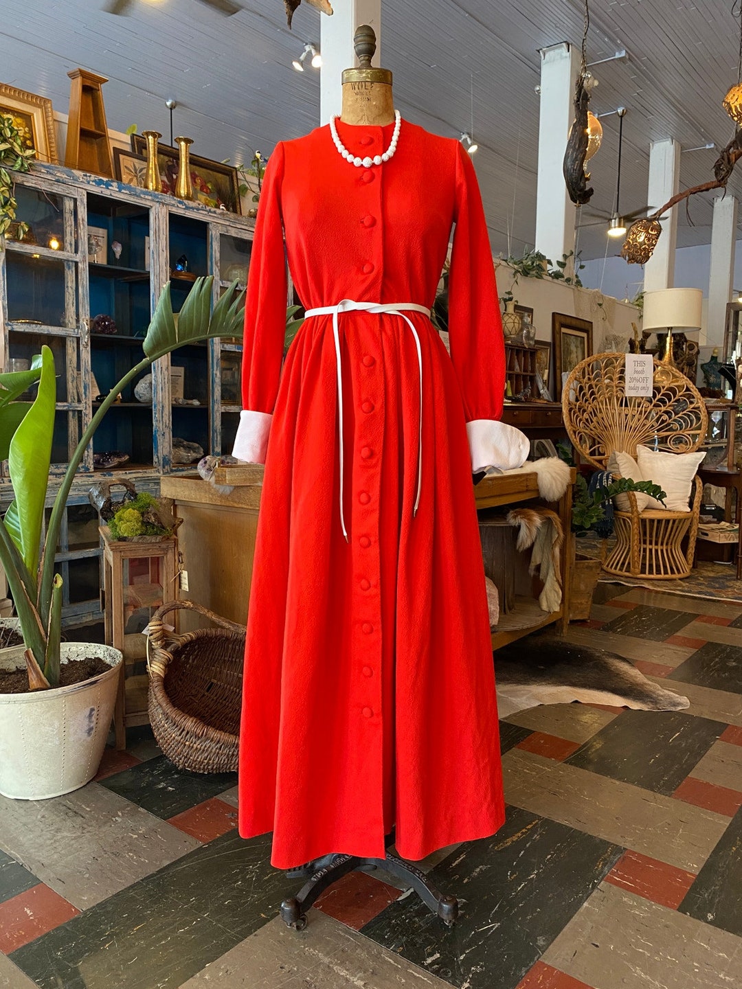 1970s Maxi Dress, Red Polyester, Vintage 70s Dress, French Cuffs, Long ...