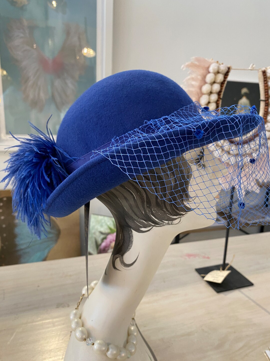 1980s Hat, Wide Brim, Vintage Millinery, Cobalt Blue Wool Felt, Hat ...
