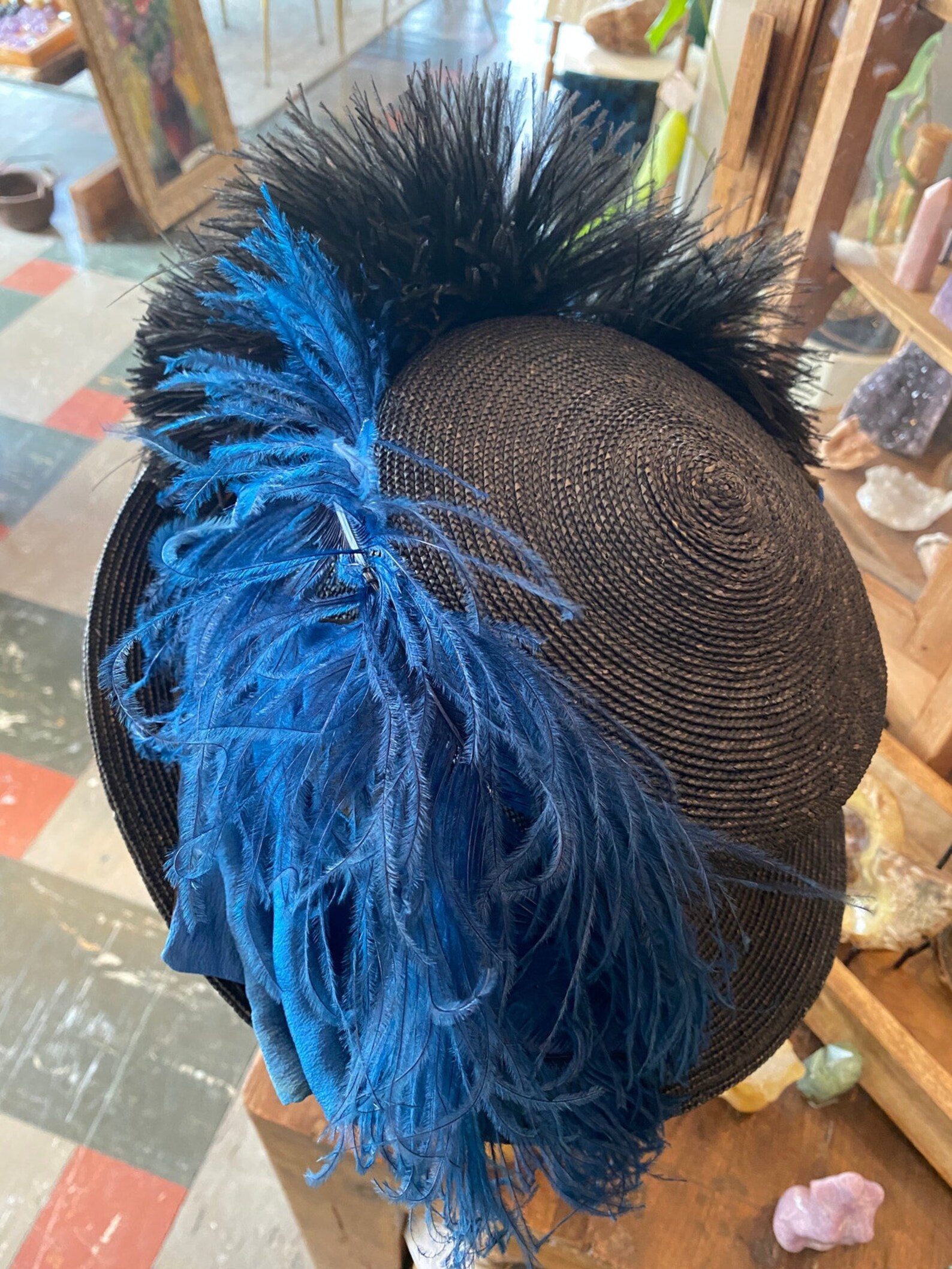 Edwardian Feather Hat, Teal and Black, Early 1900s Millinery, Wide Brim ...