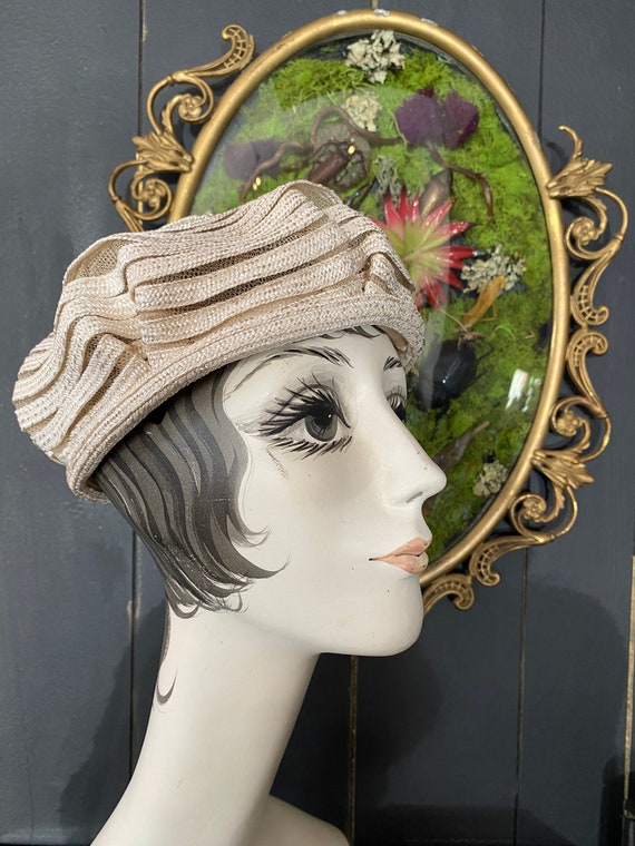 1950s beret, ivory straw, striped netting, vintage ha… - Gem
