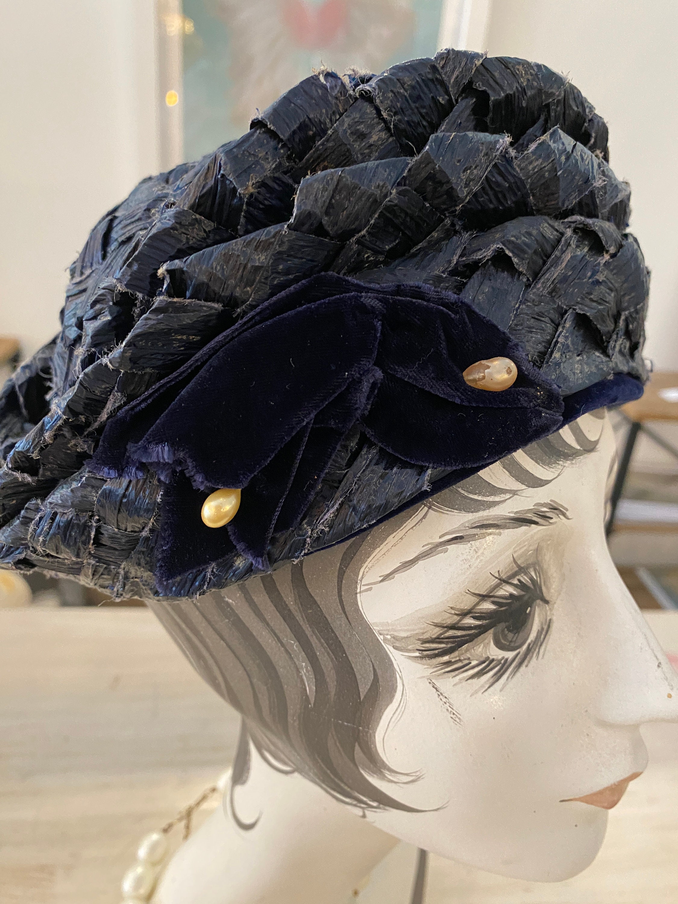 1950s Hat, Navy Blue, 50s Straw Hat, Vintage Millinery, Velvet and ...