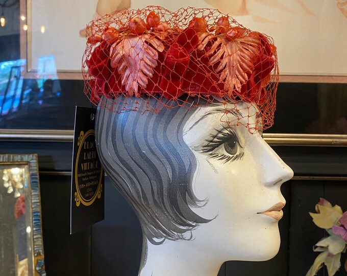 1950s Pillbox Hat, Red and Coral Flowers, Vintage 50s Hat, Velvet Bows ...