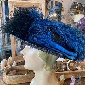 Edwardian Feather Hat, Teal and Black, Early 1900s Millinery, Wide Brim ...