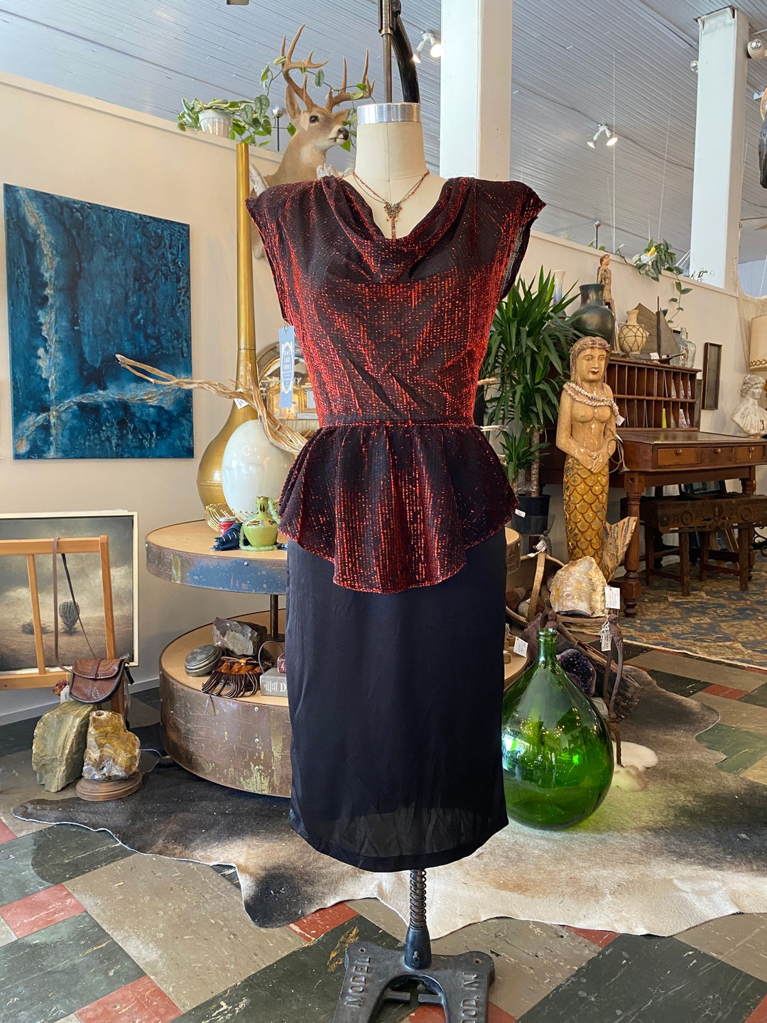 1980s Cocktail Dress, Red Metallic, Vintage 80s Dress, Keyhole, Peplum ...