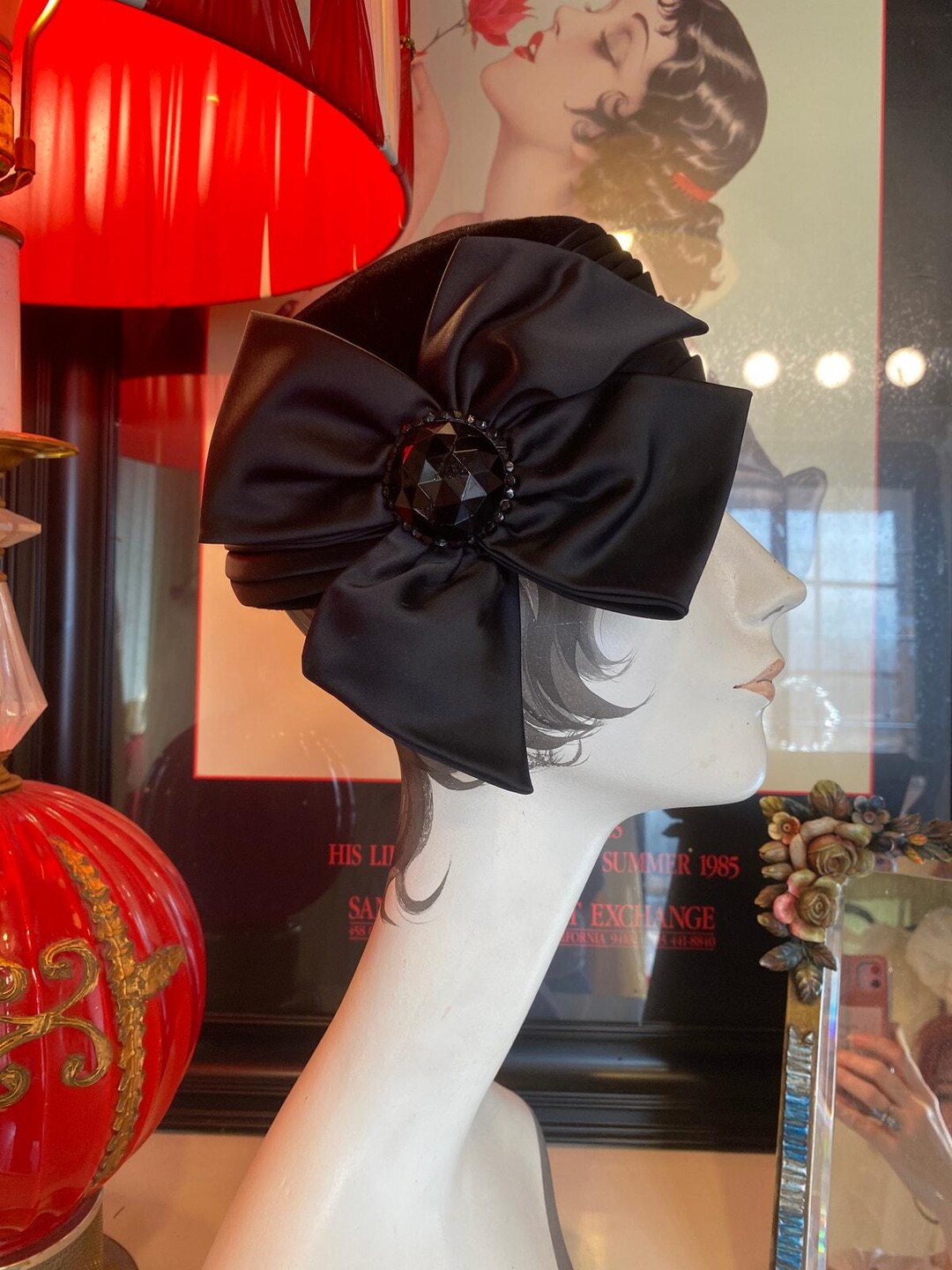 Vintage 1950s Black Velvet Pillbox Hat Satin Bow Jeweled Pleated Jean Arlett - Etsy