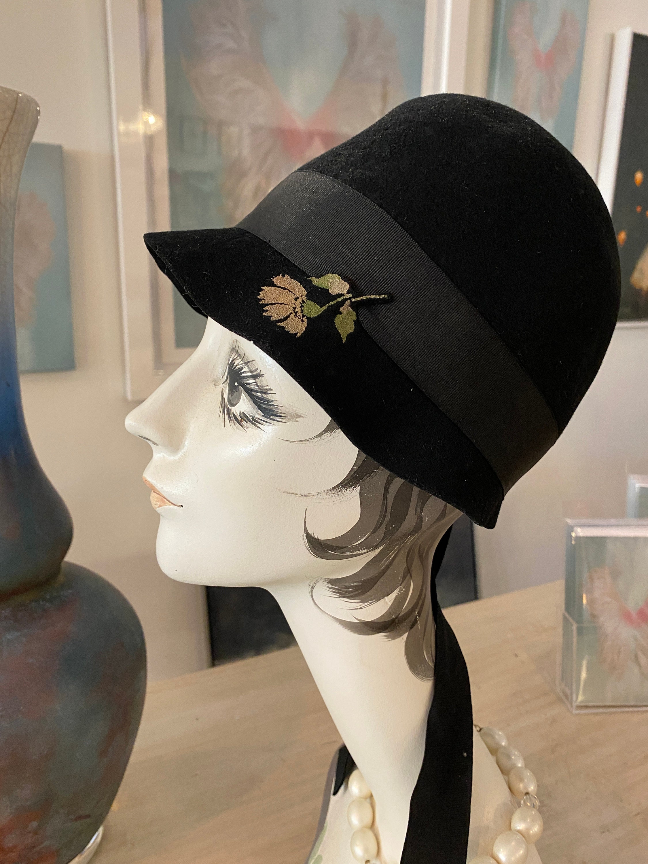 1920s Cloche, Black Wool Felt, Embroidered, Antique Hat, Embroidered ...