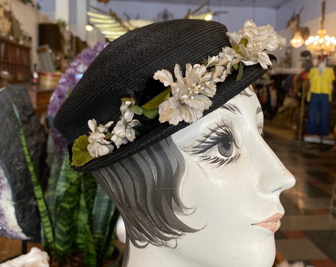 1950s Black Straw Hat, White Flowers, Vintage 50s Hat, Mid Century ...