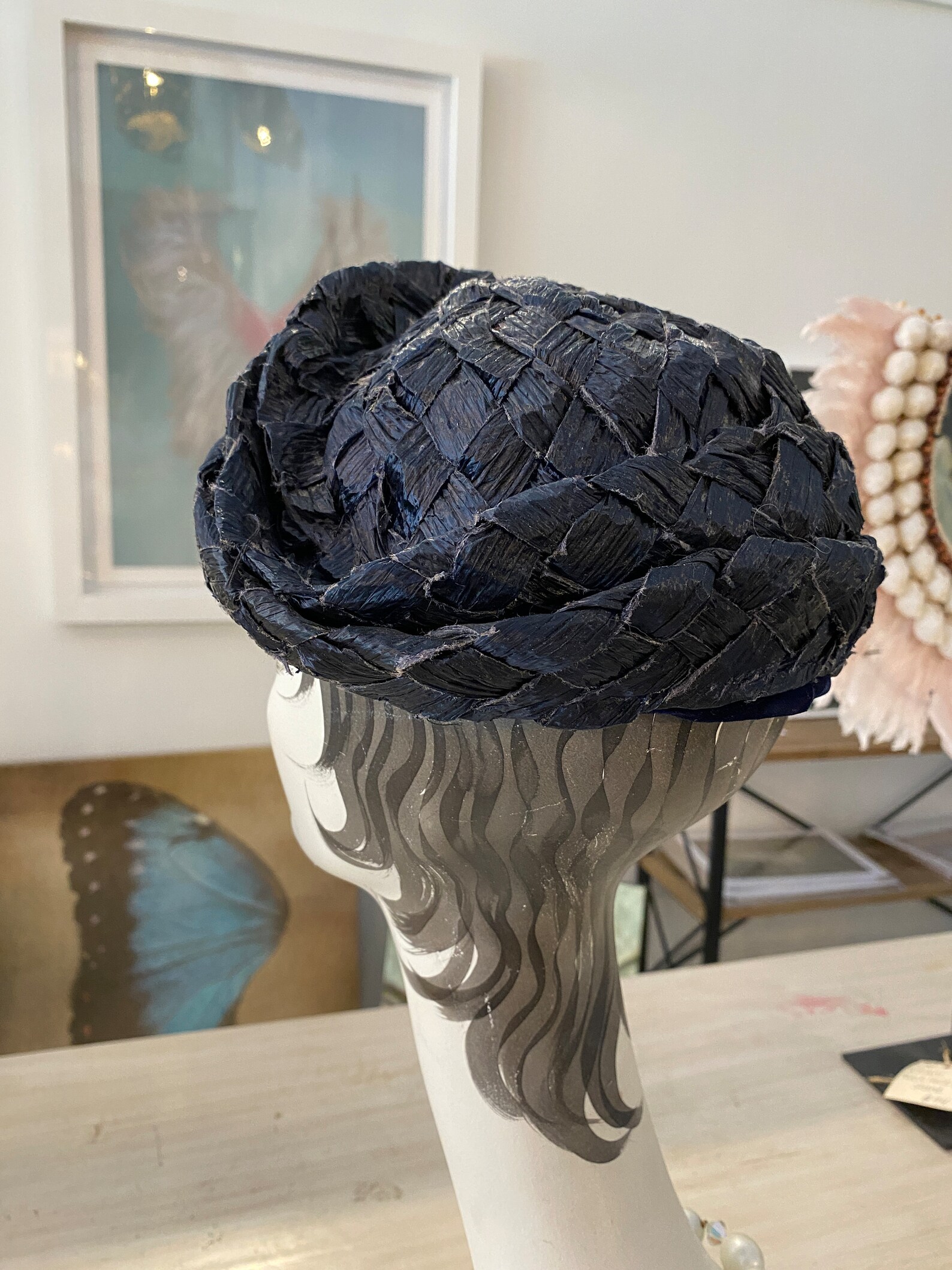 1950s Hat, Navy Blue, 50s Straw Hat, Vintage Millinery, Velvet and ...