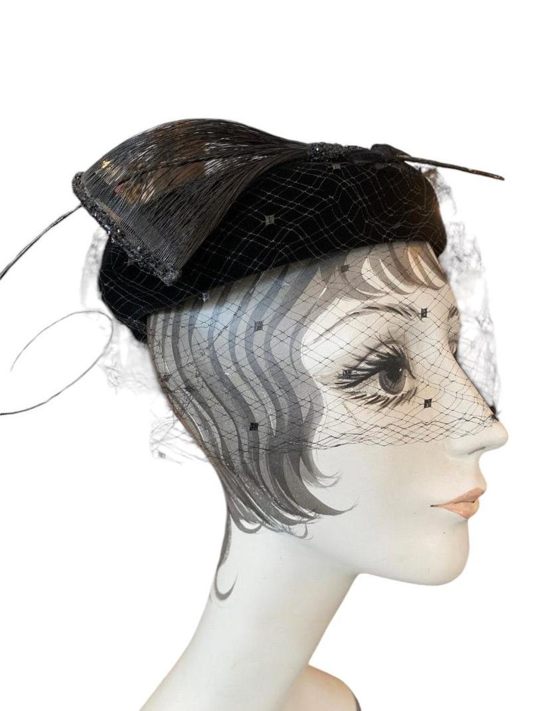 1950s Black Velvet Ring Hat, Vintage Millinery, Hat With Veil, Horse ...