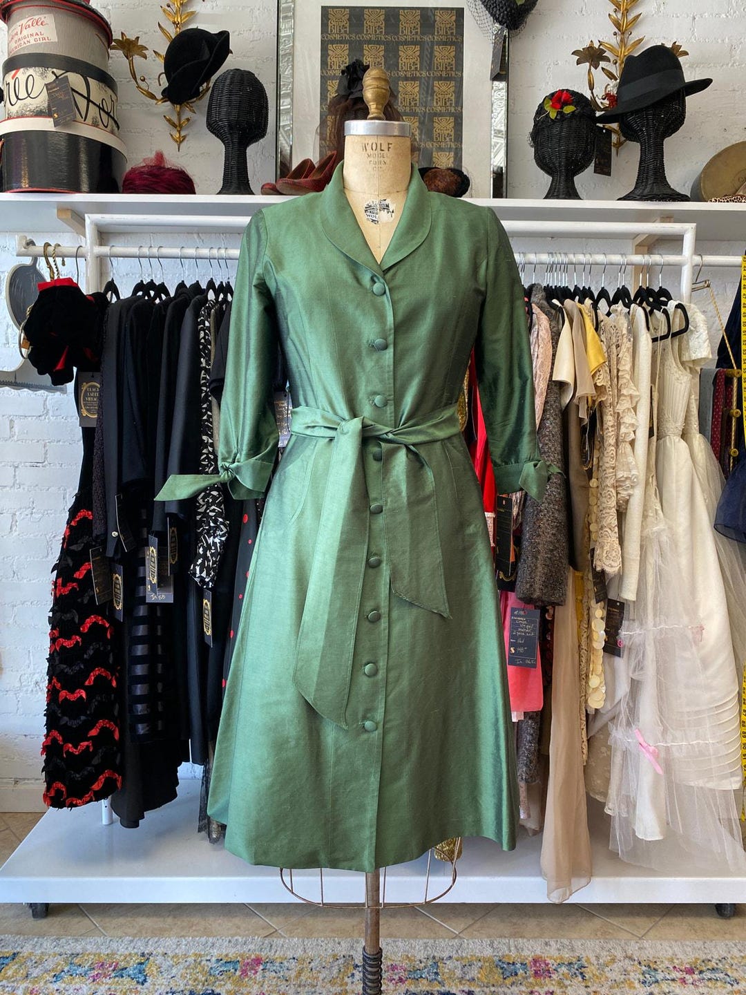 Vintage 1990s Green Silk Dress With Pockets, Bigio Collection, 90s ...