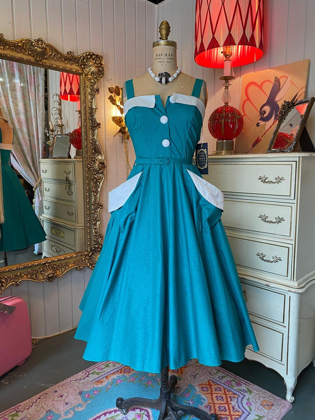 Vintage 1950s Fit and Flare Sundress 50s Green and White Cotton Dress ...
