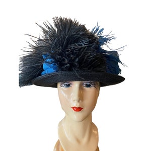 Edwardian Feather Hat, Teal and Black, Early 1900s Millinery, Wide Brim ...