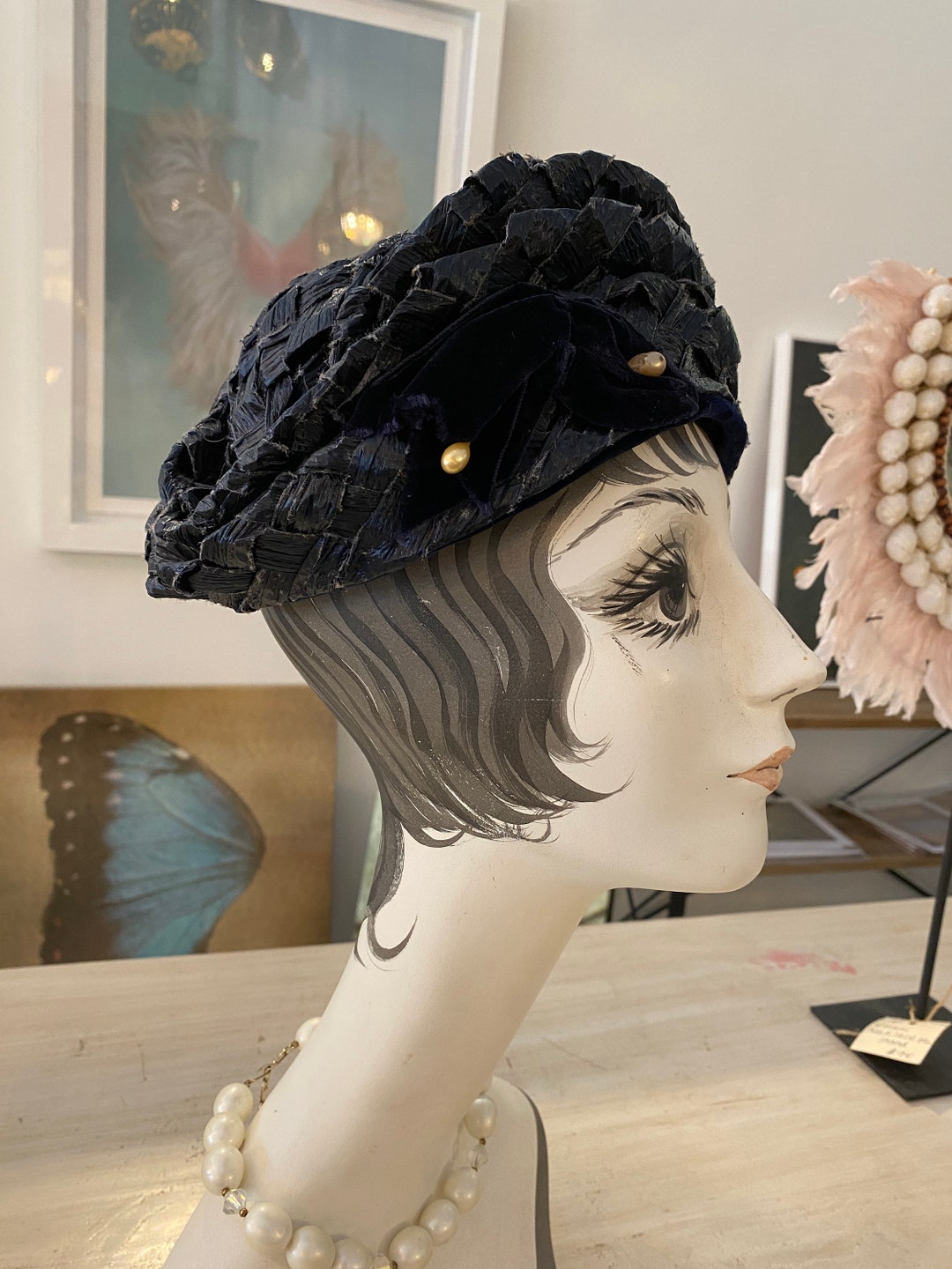 1950s Hat, Navy Blue, 50s Straw Hat, Vintage Millinery, Velvet and ...