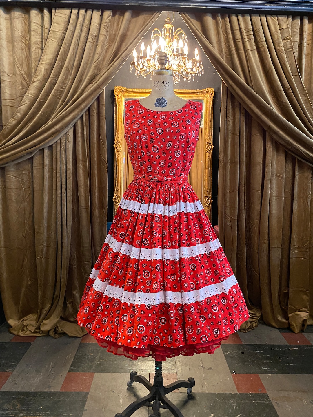 1950s Sundress, Red Cotton, Vintage 50s Dress, Handkerchief Print ...