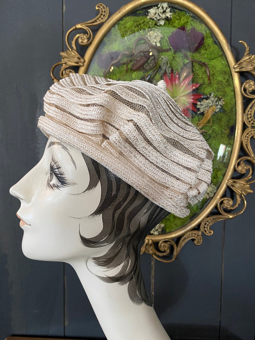 1950s Beret Ivory Straw Striped Netting Vintage Hat Hattie - Etsy