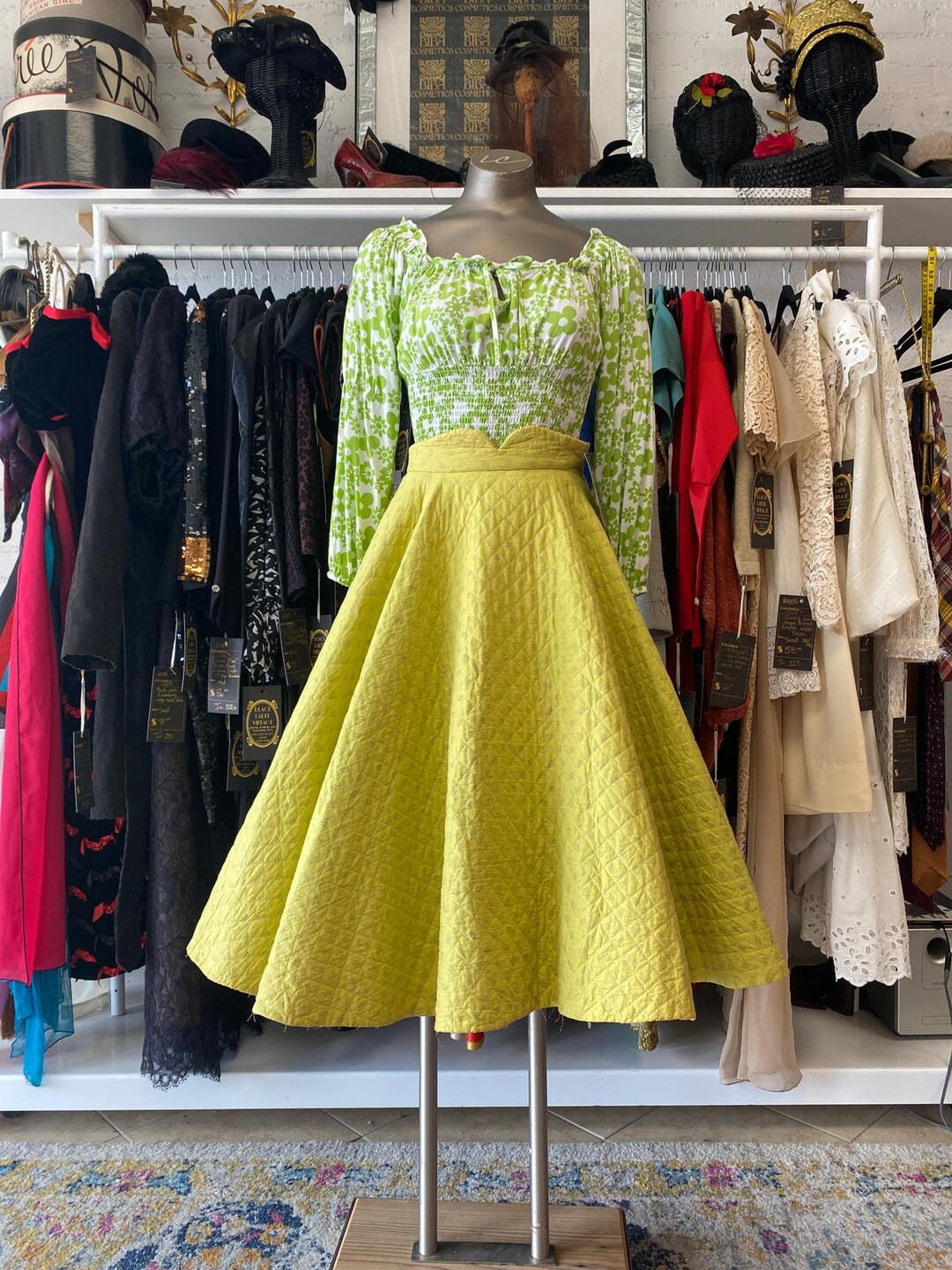 Vintage 1950s Chartreuse Circle Skirt X-small Quilted Cotton High ...