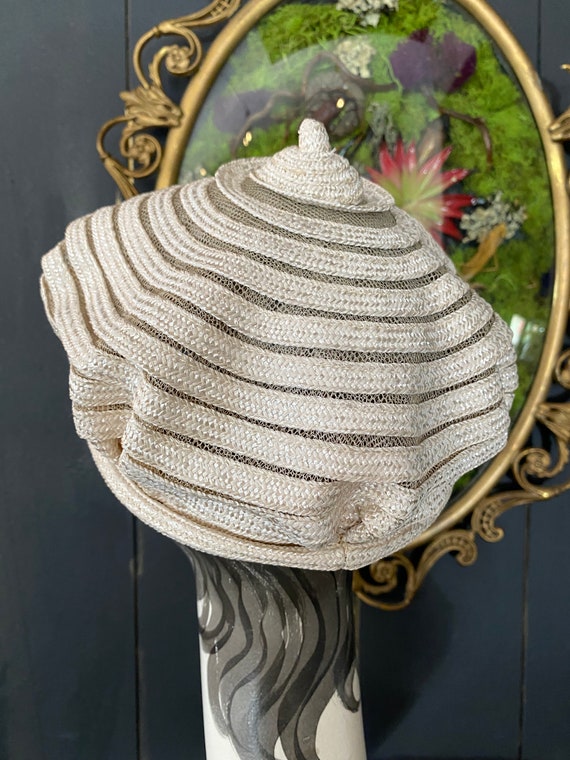 1950s beret, ivory straw, striped netting, vintage ha… - Gem