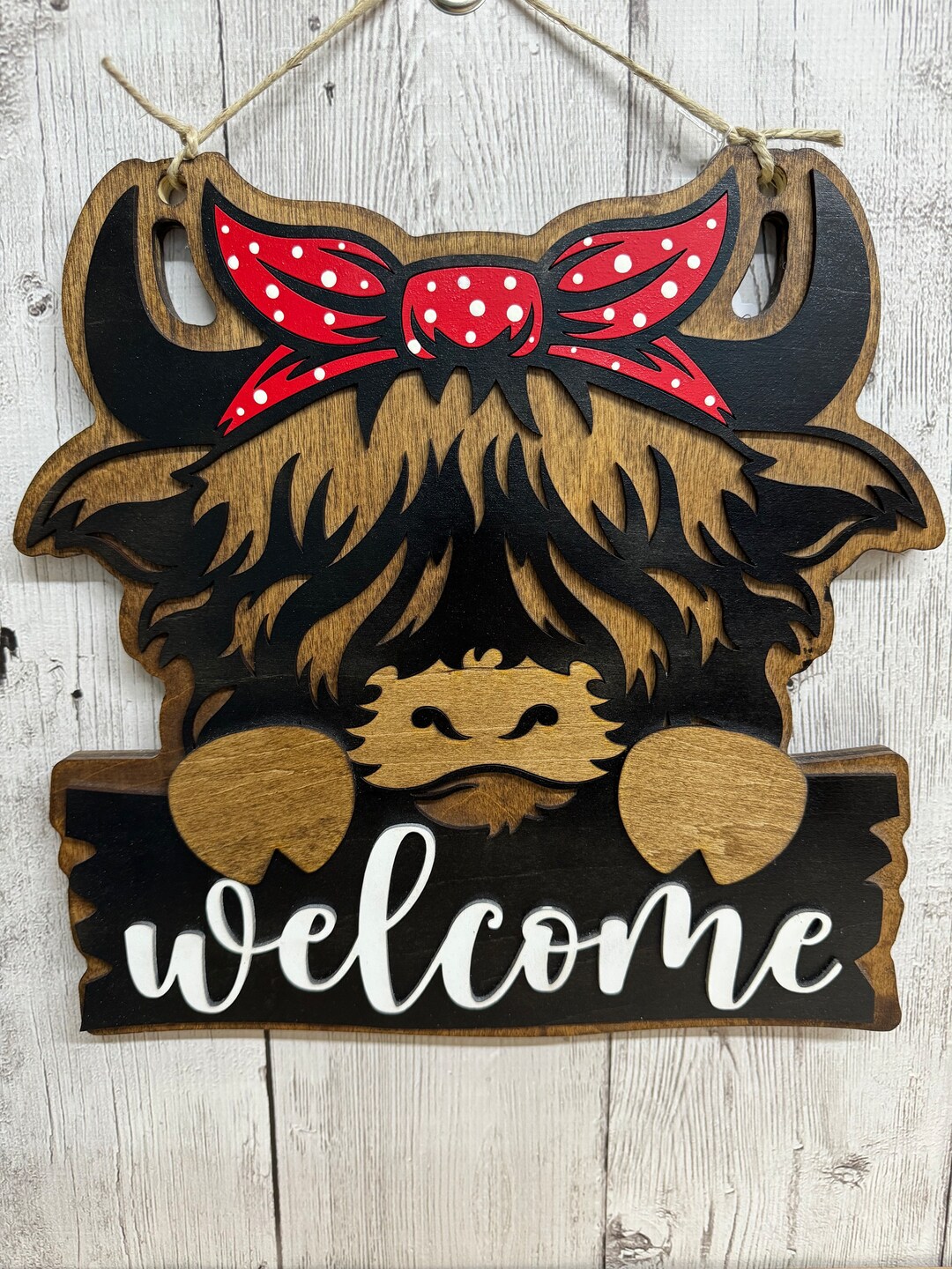 Highland Cow Welcome Sign, Wooden Cutout Door Hanger, Farmhouse Decor ...