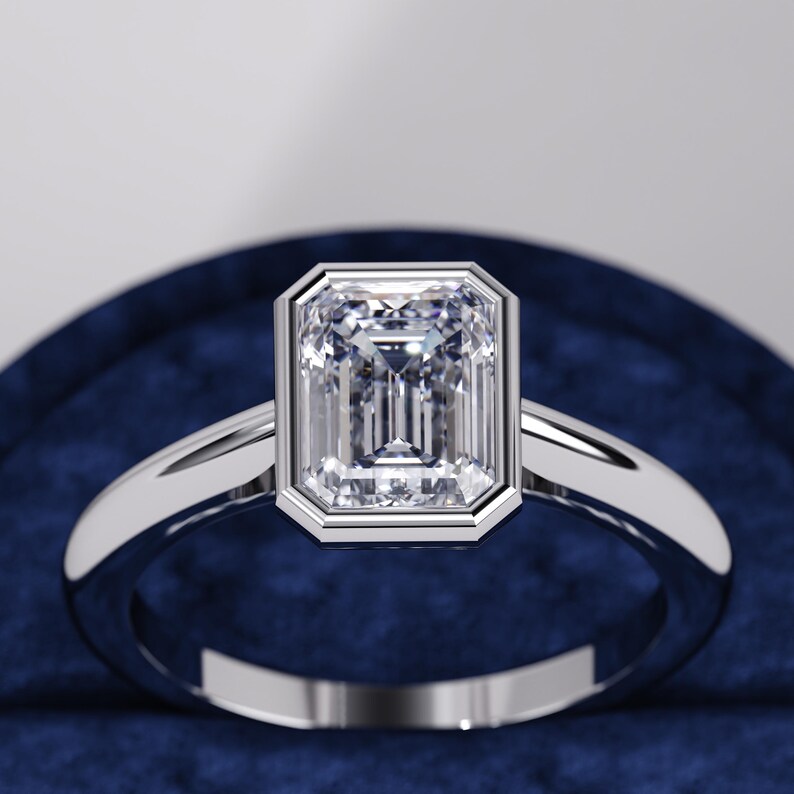 2 Carat Emerald Cut Lab Grown Diamond Engagement Ring E VVS2 | Bezel ...