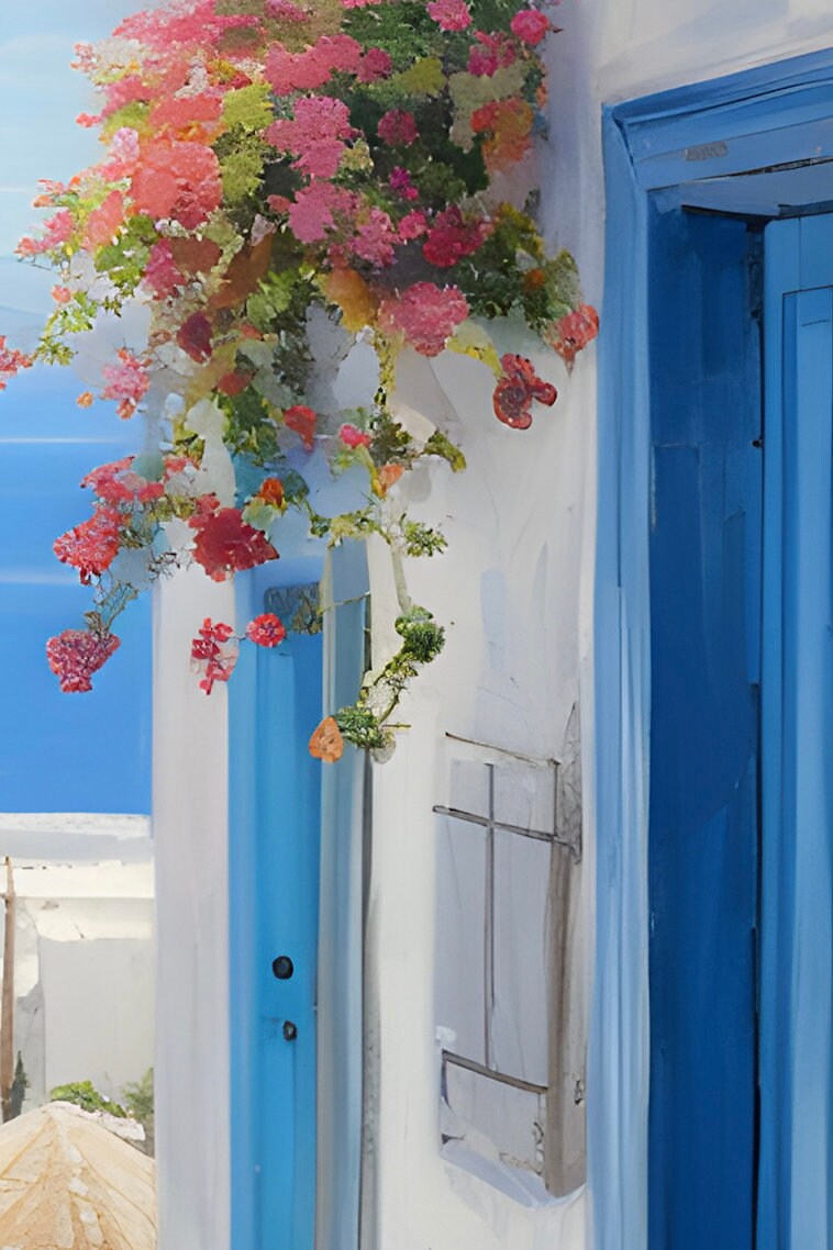 Mediterranean Blue Door Print: Coastal Village Wall Art (digital ...