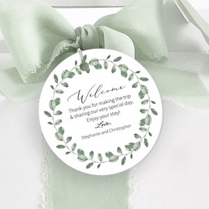 Round Welcome Tag, Round Tag for Gift Bag, Gable Box, Green Wreath ...