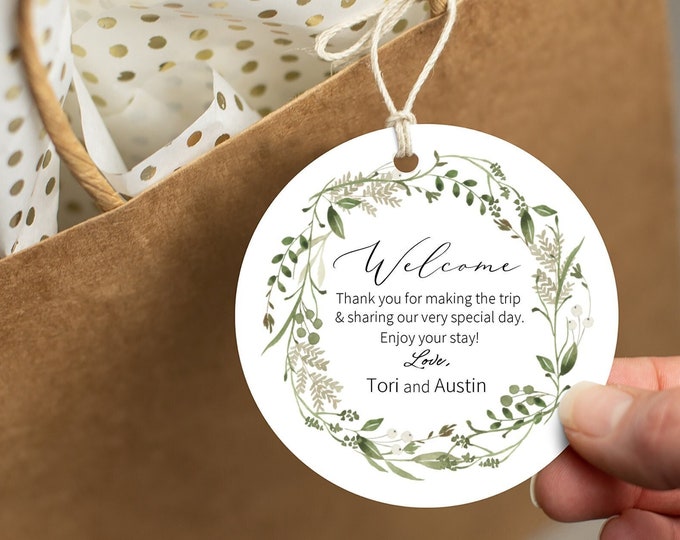 Round Welcome Bag Tag, Greenery Tags for Hotel Wedding Guest Gift Bags ...