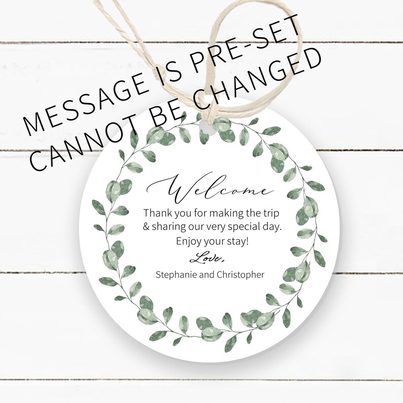Round Welcome Tag, Round Tag for Gift Bag, Gable Box, Green Wreath ...