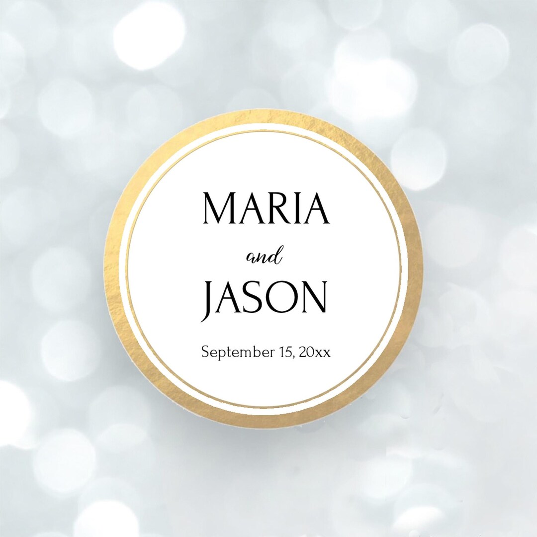 2" Round White Labels With Gold Metallic Border, Wedding Couple ...