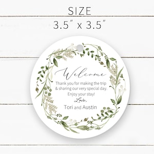 Round Welcome Bag Tag, Greenery Tags for Hotel Wedding Guest Gift Bags ...